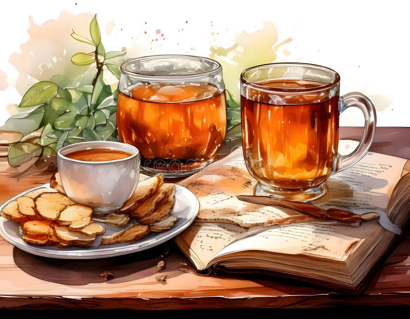 Three Cups of Tea with Ginger Slices and an Open Book on a Wooden ...