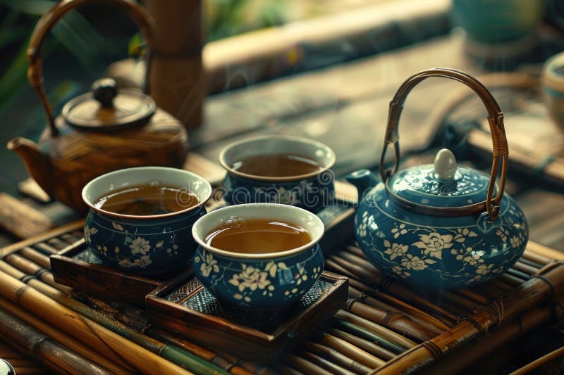 Bamboo Tray with Three Cups of Tea Stock Photo - Image of drink, bamboo ...
