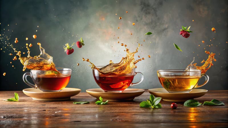 Three Cups of Tea with Splashing Liquid and Berries. Generative AI ...