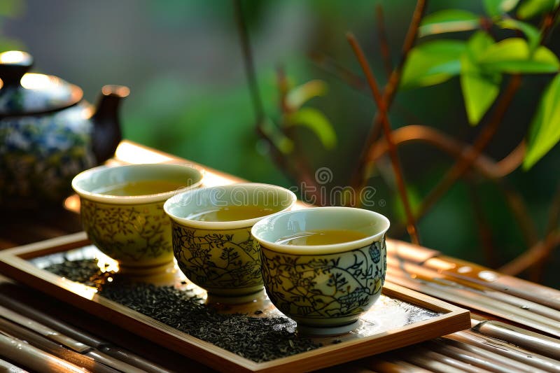 Three Cups of Tea on a Tray with a Pot Stock Photo - Image of ceramic ...