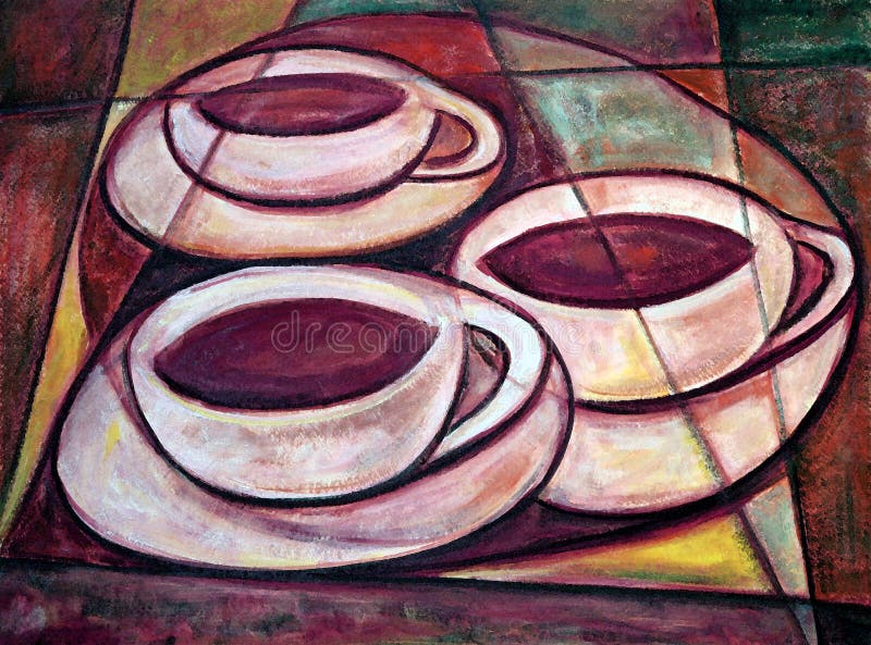 Three Cups Cubist Impressionist Painting Stock Illustration ...