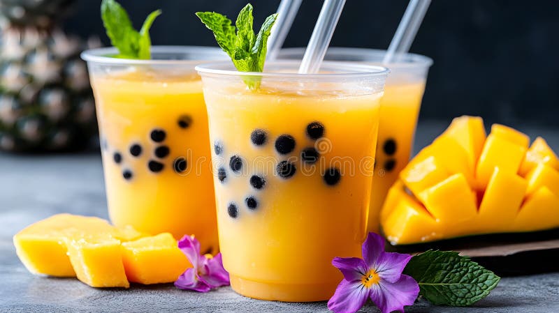 Refreshing Tropical Mango Bubble Tea Served with a Side of Fresh Mango ...