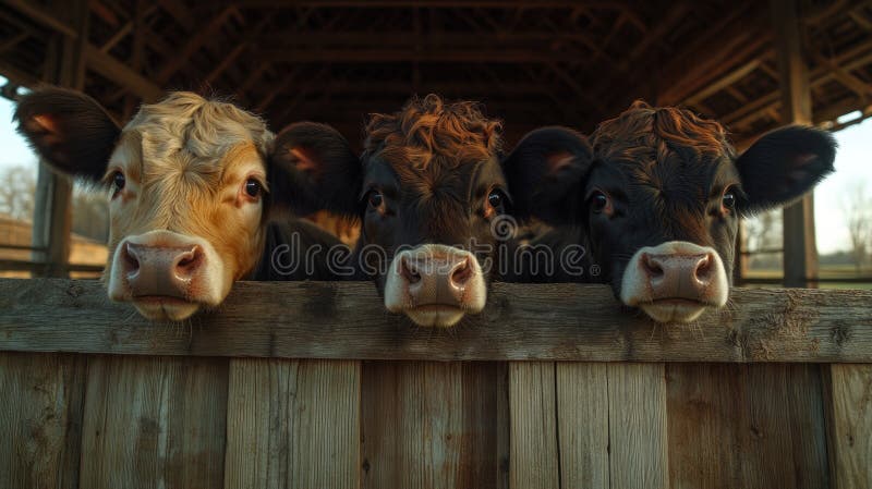 Three Curious Cows Peering Over Wooden Fence in Rustic Barn Setting ...