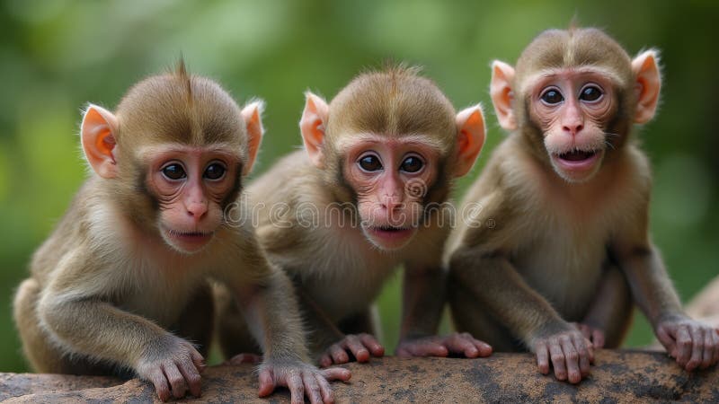 Three Curious Monkeys are Positioned Together, Looking Directly at the ...