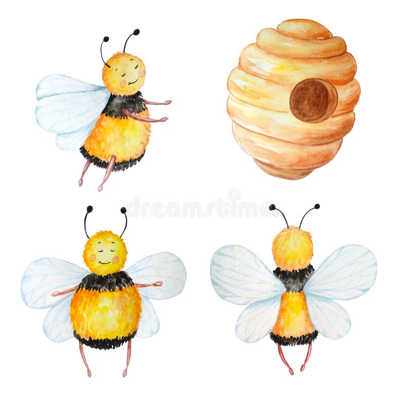 Three Cute Bees and a Beehive Stock Illustration - Illustration of ...