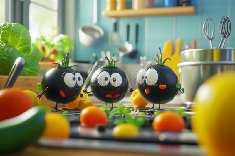 Three Cute Black Tomatoes Chat in a Colorful Kitchen Full of Vegetables ...