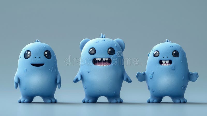 Three Cute Blue Monsters stock illustration. Illustration of design ...