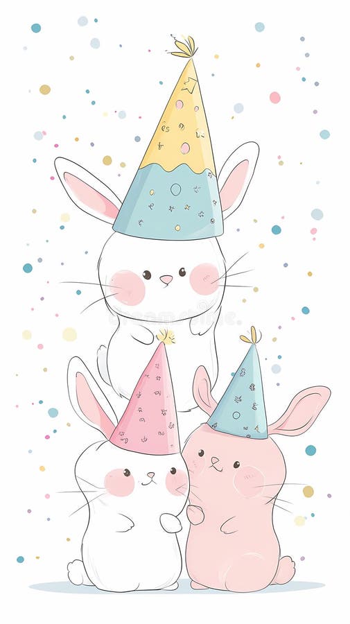Three Cute Bunnies in Party Hats Celebrating with Confetti Stock ...