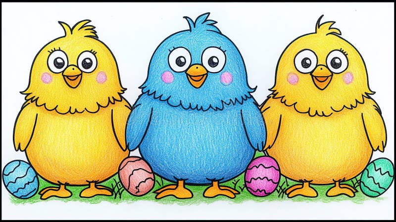 Three Cute Cartoon Chicks Stand Together, Each Holding an Easter Egg ...
