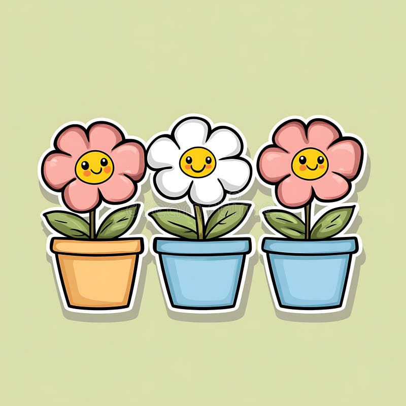 Three Cute Cartoon Flowers in Pastel Pots Stock Illustration ...