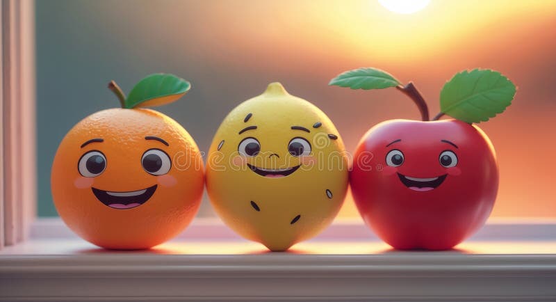 Three Cute Cartoon Fruits at Sunset Window. Stock Photo - Image of ...