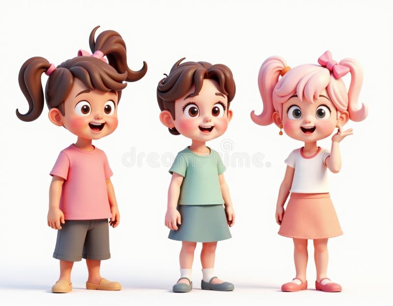 Three Cute Cartoon Girls Standing Together - 3D Render Stock ...