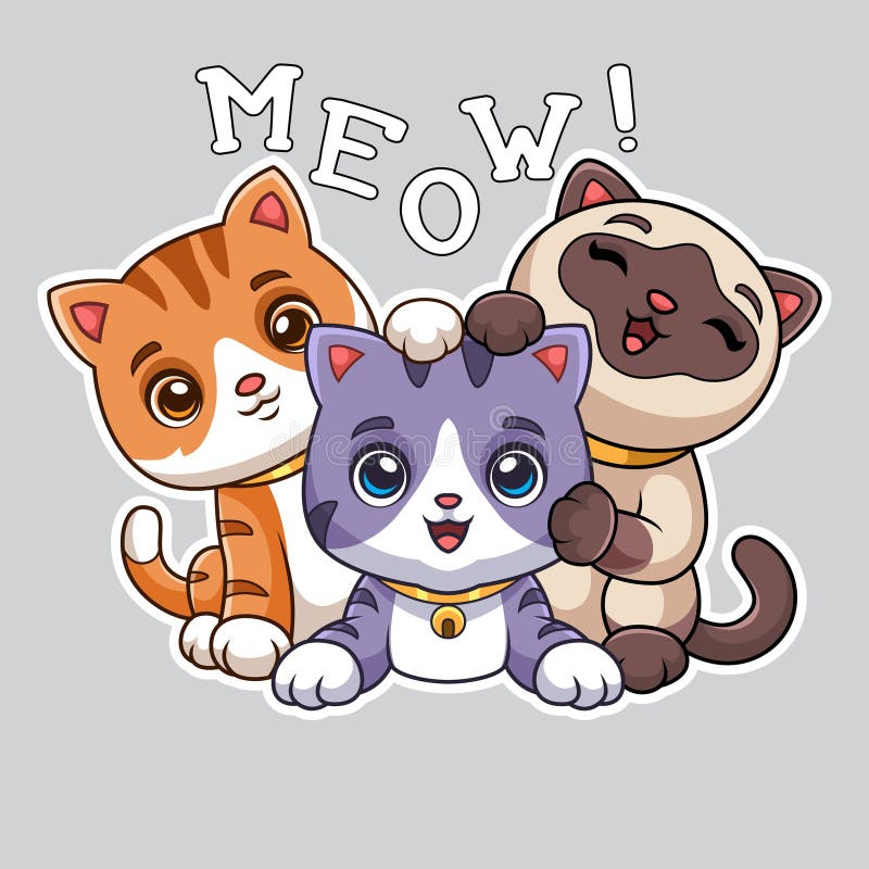 Three Cute Cartoon Kittens of Different Types Playing Together Stock ...