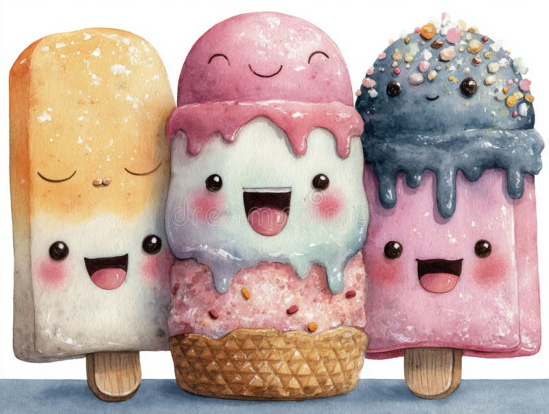 Three Cute Cartoon Popsicles with Watercolor Style Stock Illustration ...
