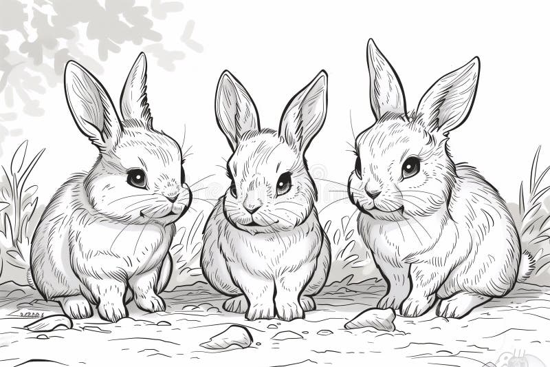 Three Cute Cartoon Rabbits Sit on a Grassy Path, Perfect for Coloring ...
