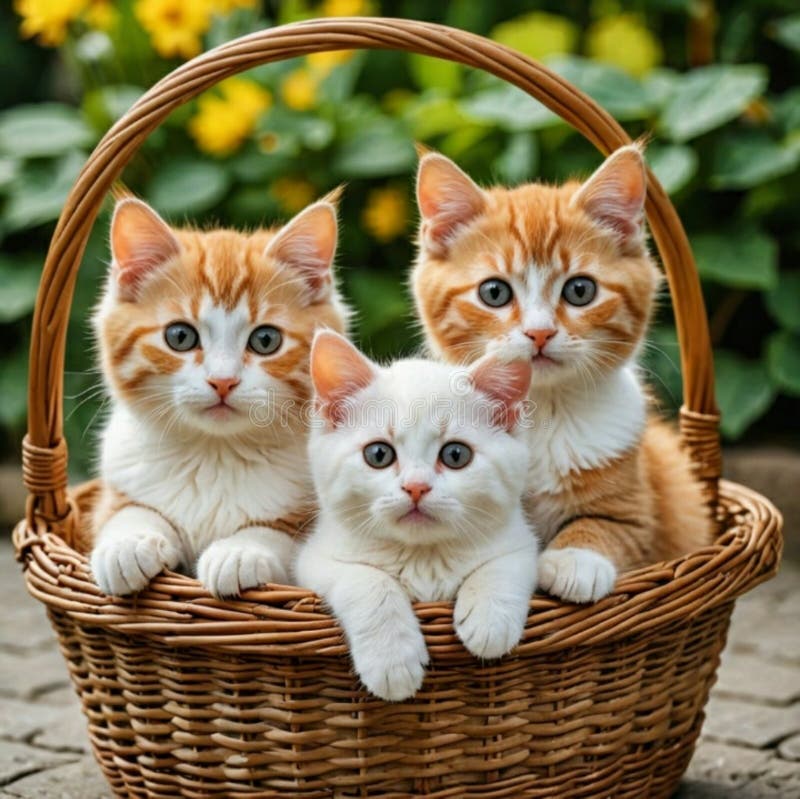 Three Cute Cats in a Basket Stock Photo - Image of portrait, playful ...