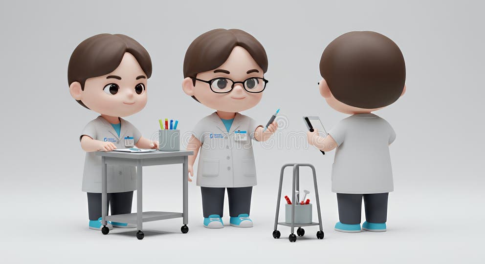 Three Cute Chibi Veterinary Technicians in Lab Coats with Medical Tools ...
