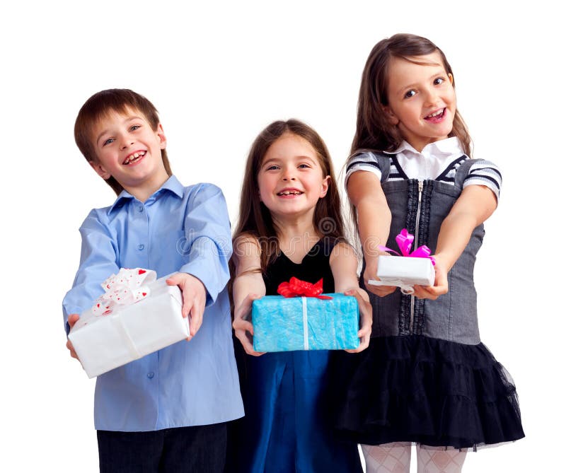 Three Cute Children Gives Gifts Stock Photo - Image of amazing, offer ...