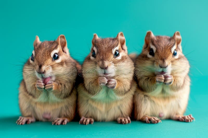 Three Cute Chipmunks with Full Cheeks Sitting Side by Side on a Vibrant ...