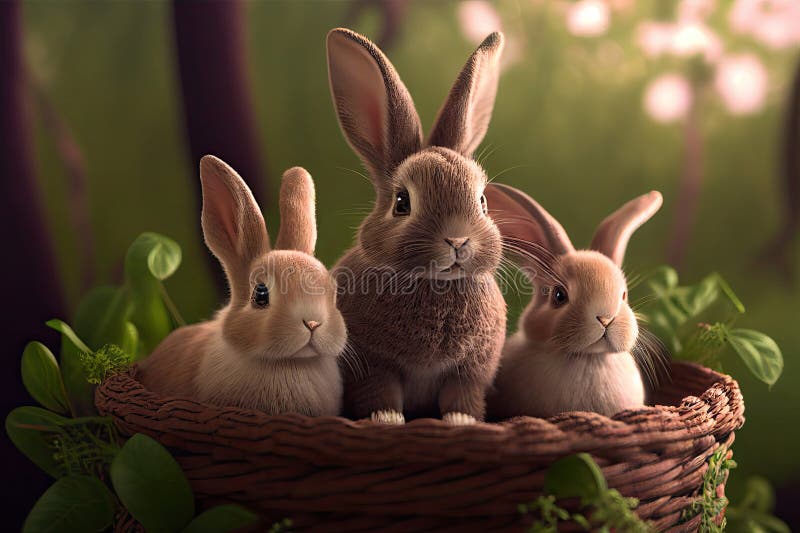 Three Cute Fluffy Rabbits in a Basket on a Lawn in the Forest among ...