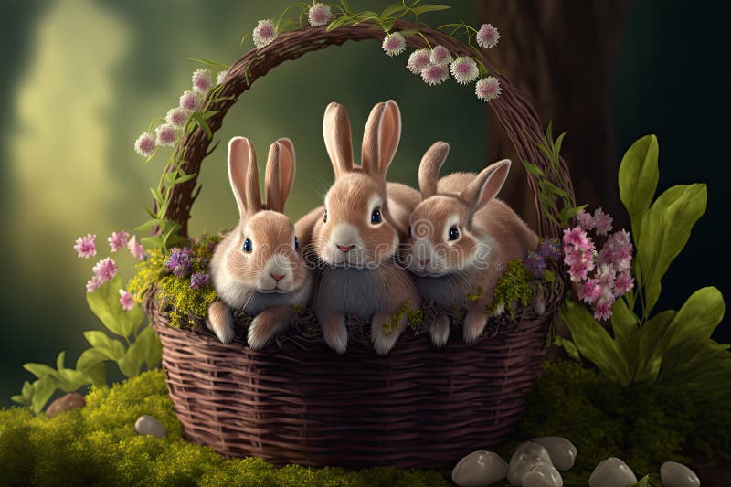 Three Cute Fluffy Rabbits in a Basket on a Lawn in the Forest among ...
