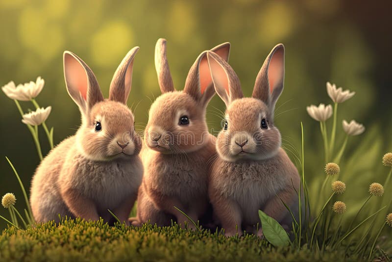Three Cute Fluffy Rabbits on a Lawn in the Forest among Flowers Stock ...