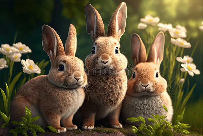 Three Cute Fluffy Rabbits on a Lawn in the Forest among Flowers Stock ...