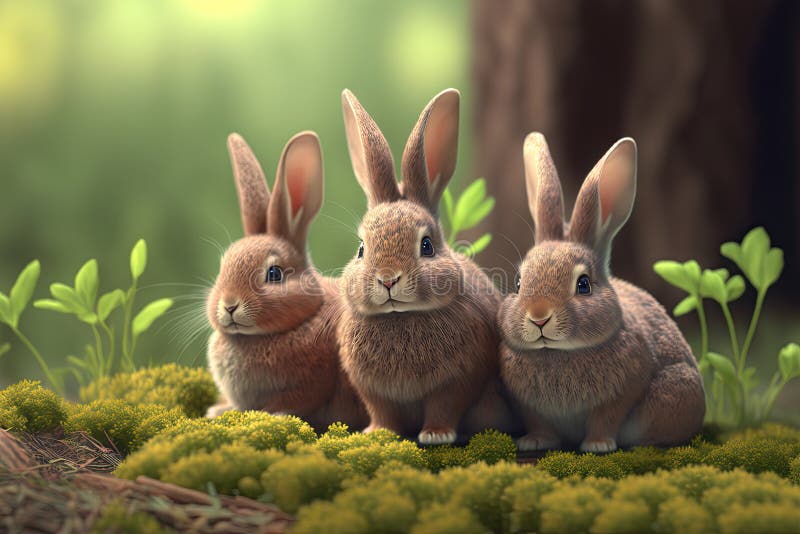 Three Cute Fluffy Rabbits on a Lawn in the Forest among Flowers Stock ...