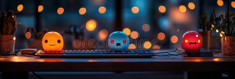 Three Cute Glowing Smiley Faces on a Desk with a Keyboard and Mouse ...