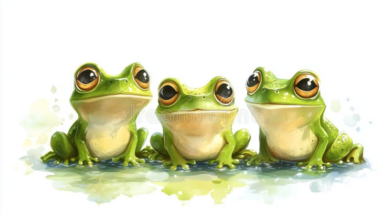 Three Cute Green Frogs in Natural Habitat Stock Illustration ...