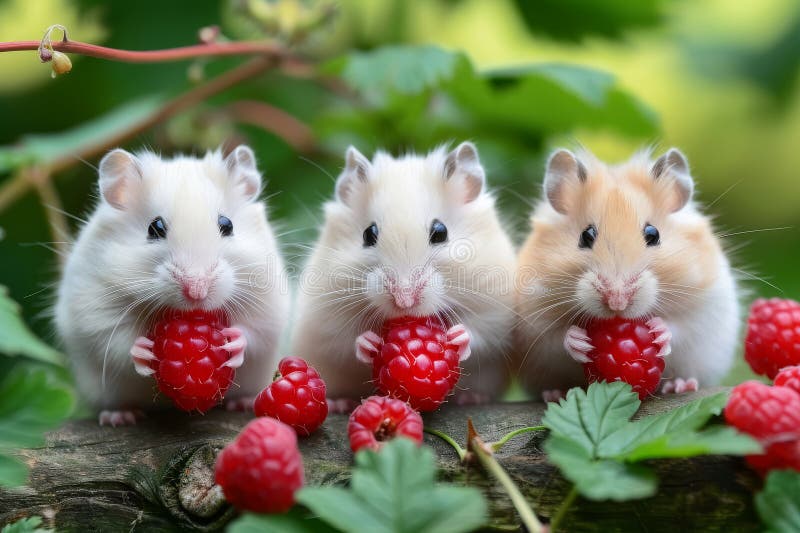 Three Cute Hamsters Eating Red Raspberries on a Branch in Nature Stock ...