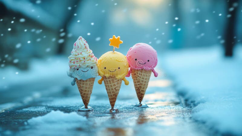 Three Cute Ice Cream Cones in Snowy Winter Scene Stock Illustration ...