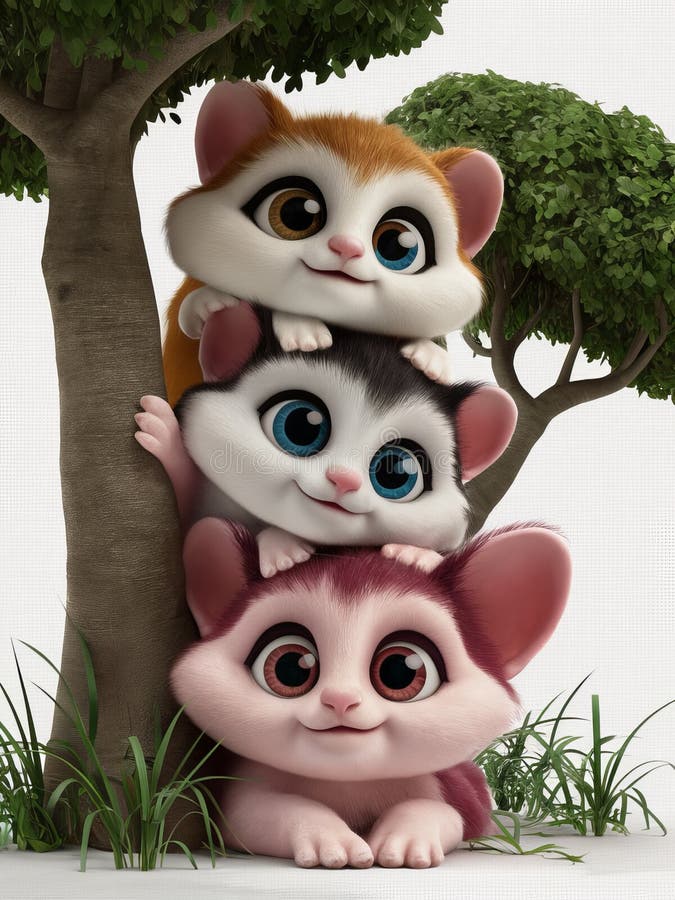 Three Cute Little Cartoon Mice are Sitting on Top of a Tree, AI Stock ...
