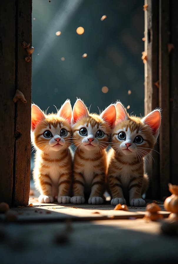 Three Cute Little Kittens Sitting on Blue Background. 3D Rendering ...