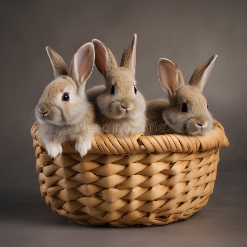 Three Cute Little Rabbits in a Wicker Basket on a Gray Background Stock ...