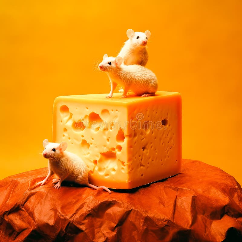 Three Cute Mice Sit on a Big Piece of Cheese on the Table Stock ...