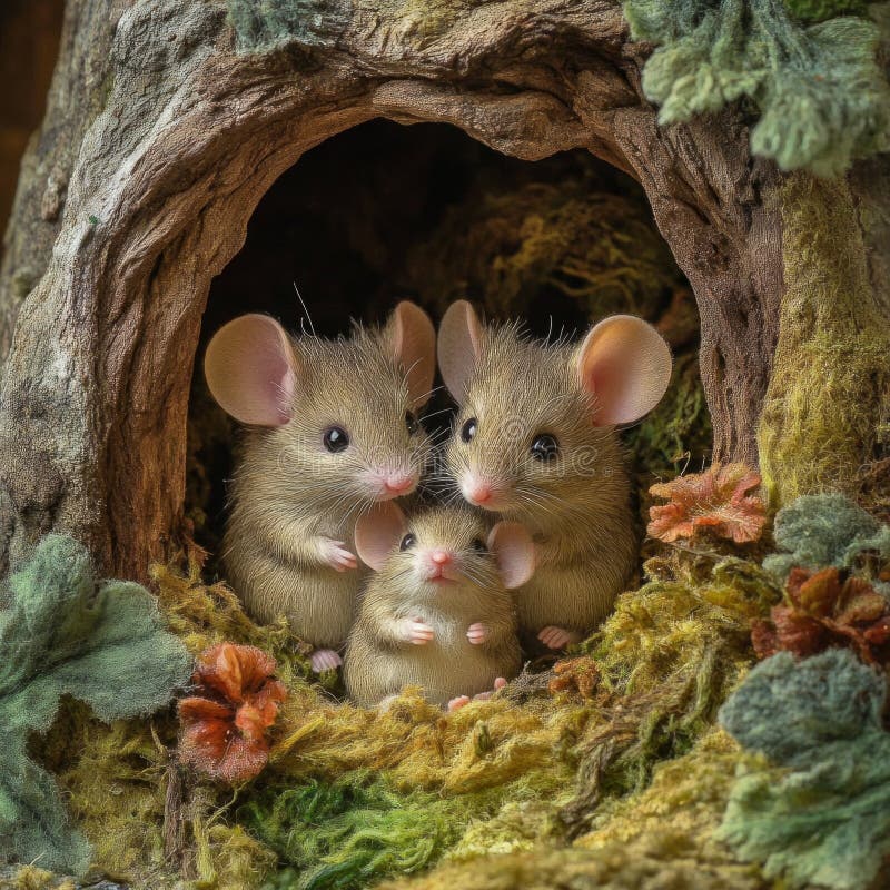Three Cute Mice Snuggled in a Cozy Tree Hole with Lush Greenery Stock ...