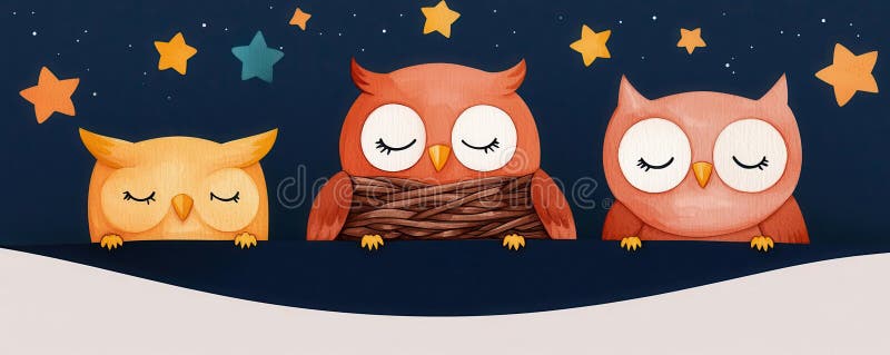 Three Cute Owls Sleeping Under a Starry Night Sky Stock Illustration ...