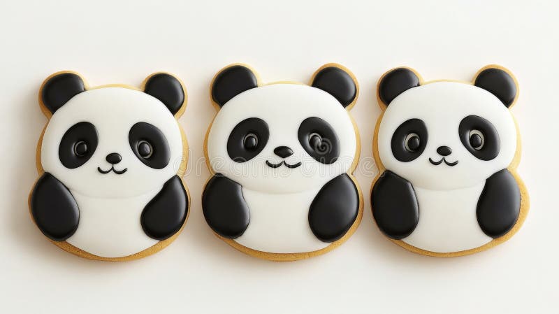 Three Cute Panda Bear Face Shaped Cookies with Black and White Icing on ...