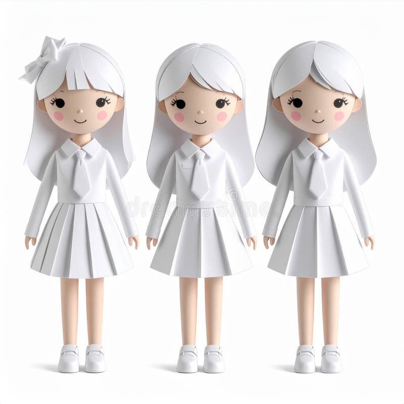 Three Cute Paper Dolls in White Uniforms Stock Illustration ...