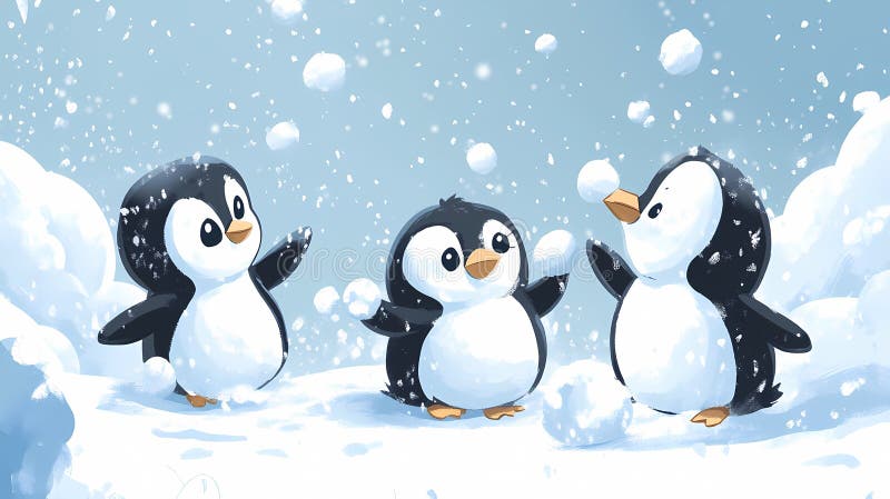 Three Cute Penguins Playing in the Snow, Creating a Joyful Winter Scene ...