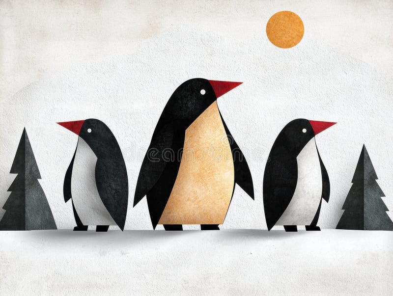 Three Cute Penguins Standing in the Snow Near Pine Trees Stock ...