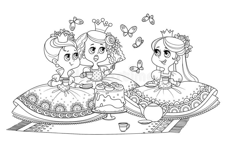 Three Beautiful Princesses Having a Tea Party with a Cake Outlined for ...