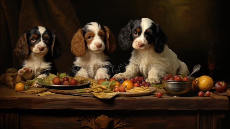 Three of Cute Puppies Dog Sitting at the Dinner Table with Lots of ...