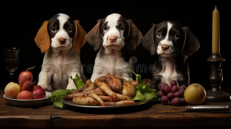 Three of Cute Puppies Dog Sitting at the Dinner Table with Lots of ...