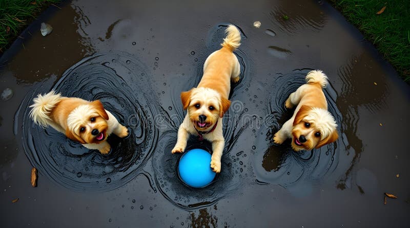 Three Cute Puppies on the Puddle Playing Ball Stock Image - Image of ...