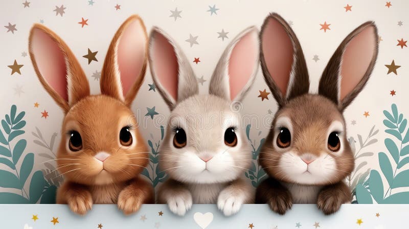 Three Cute Rabbits with Big Eyes and Playful Expressions, Perfect for ...