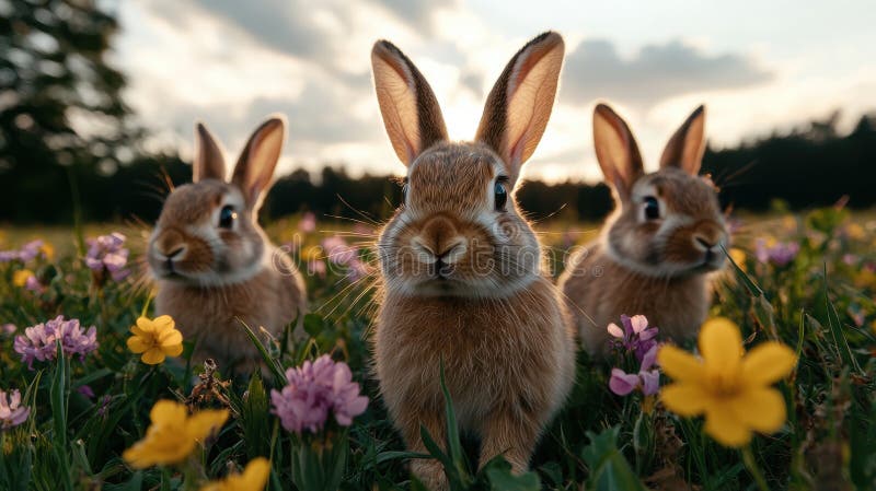 Three Cute Rabbits in a Flower Meadow at Sunset. Stock Illustration ...