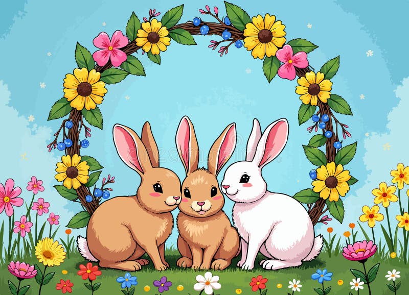 Three Cute Rabbits in a Flower Wreath, Image Generated with Artificial ...