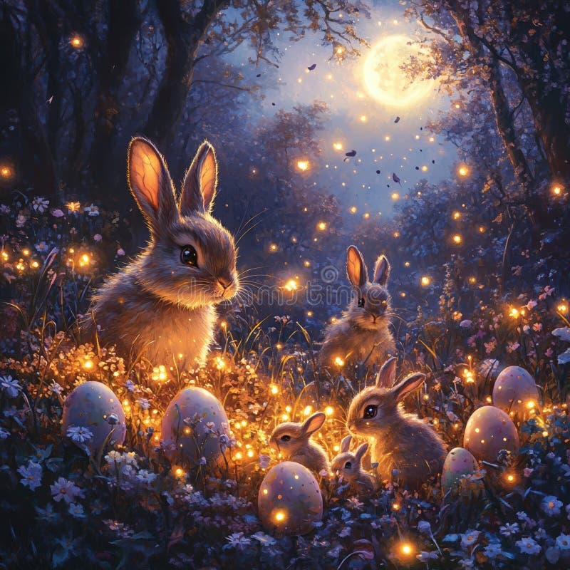 Three Cute Rabbits Illuminated by Magical Floating Lights in a ...